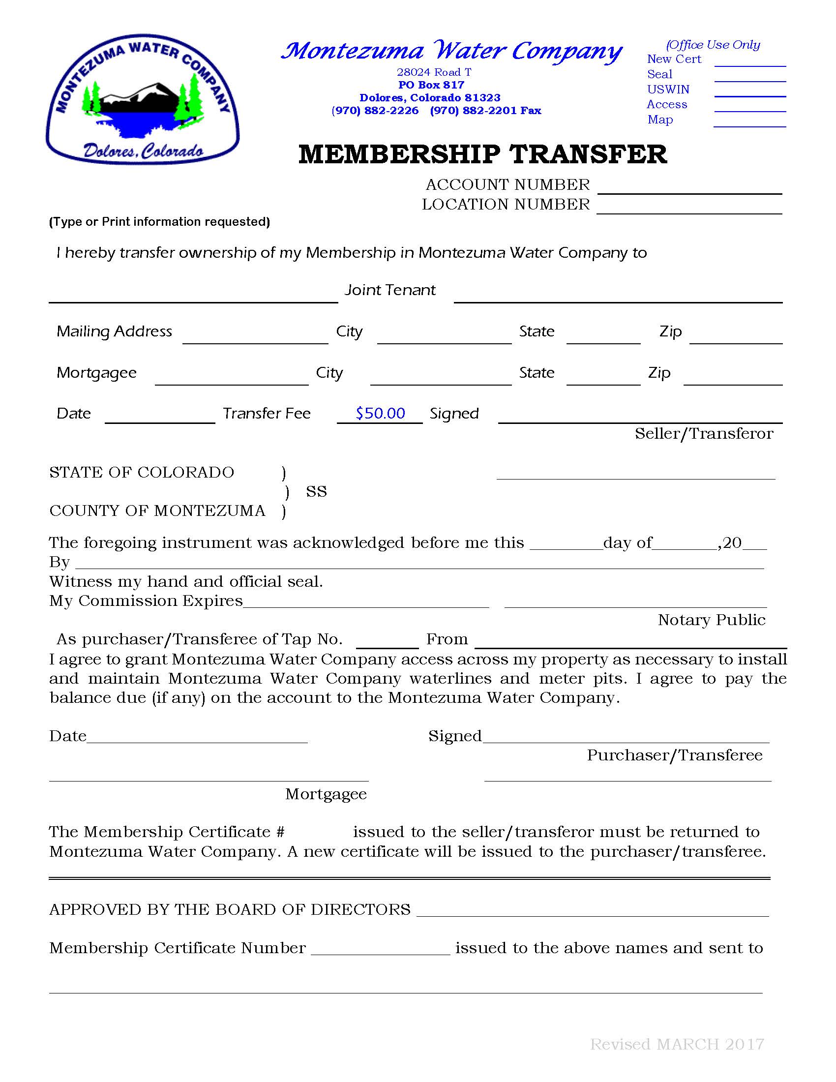 Membership Transfer Form - Montezuma Water Company